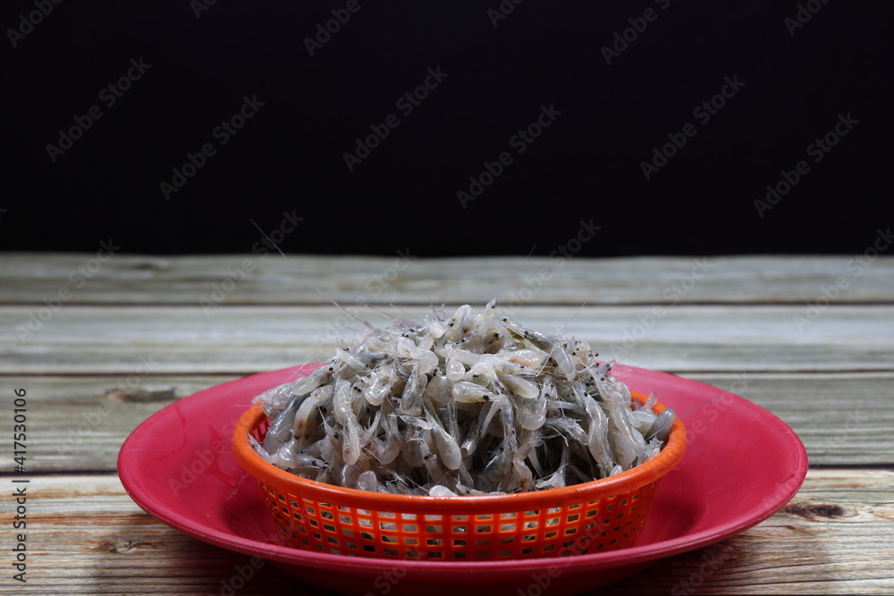 Pile of fresh krill (small shrimp) in the plastic basket. Famous ...