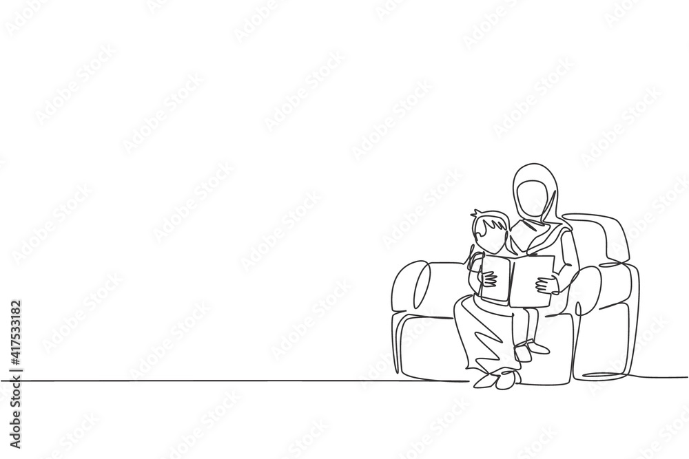 Continuous One Line Drawing Of Young Arabian Mother Reading A Story continuous-one-line-drawing-of-young-arabian-mother-reading-a-story