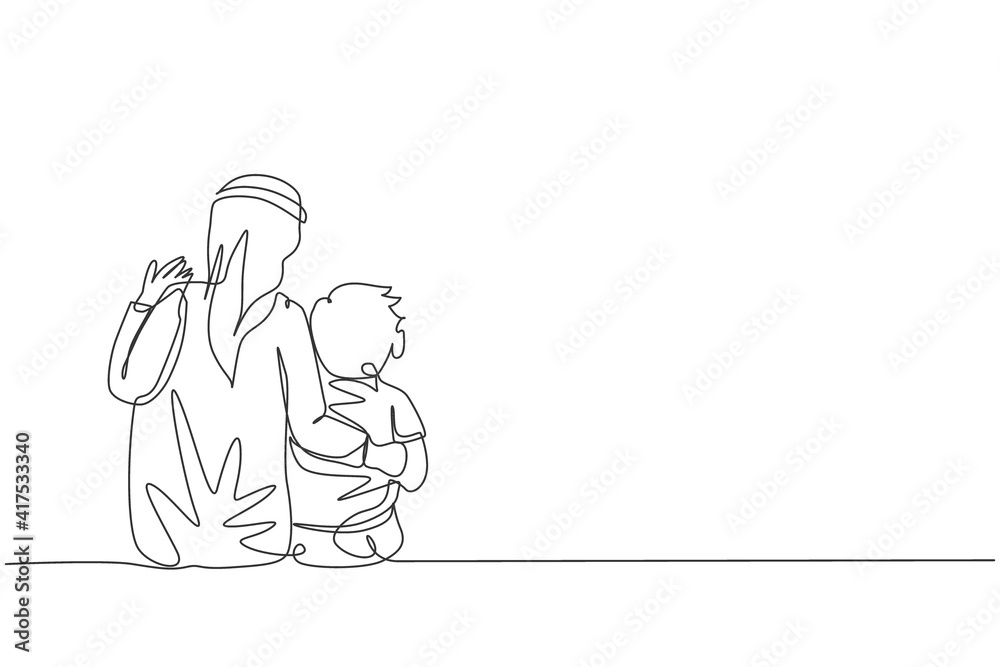 Continuous one line drawing of young Arabian dad and his son talking ...