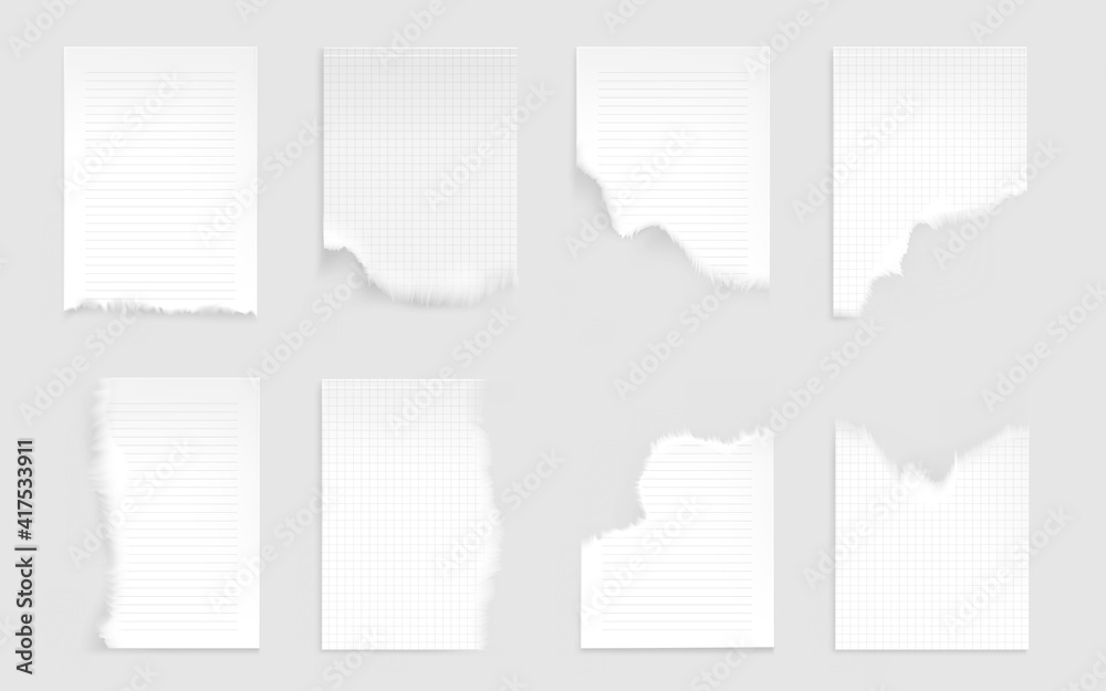 Notebook sheets with torn edges. Ragged lined and checkered blank pages for memo and daily ...