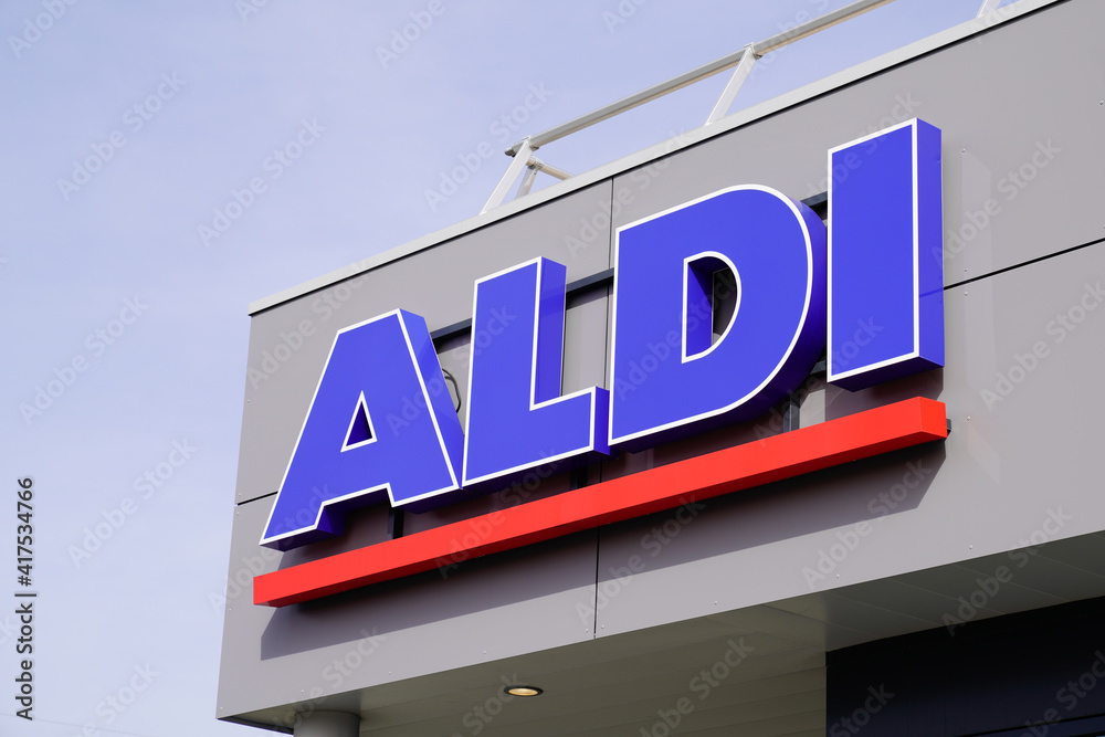 Aldi sign text and brand logo shop leading global discount store ...
