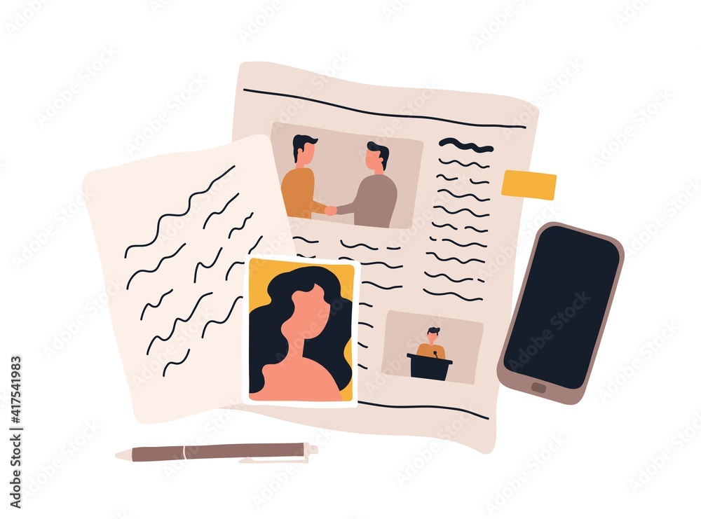 Top view of detective workplace with collected evidence and facts for ...
