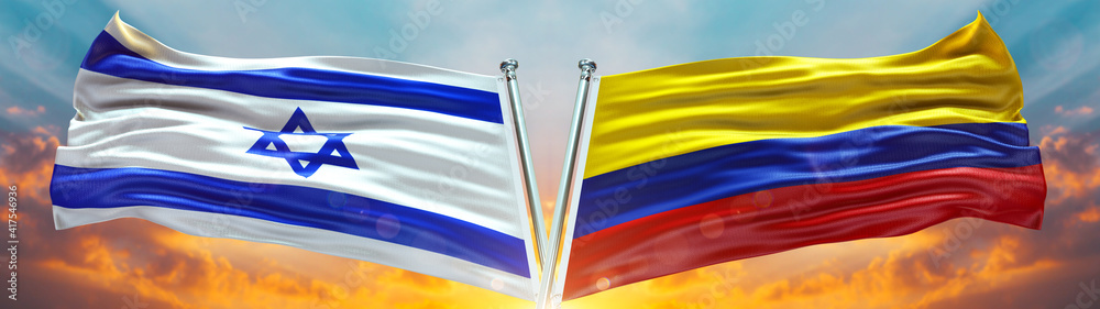 Israel Flag and Colombia Flag waving with texture Blue sky could and ...