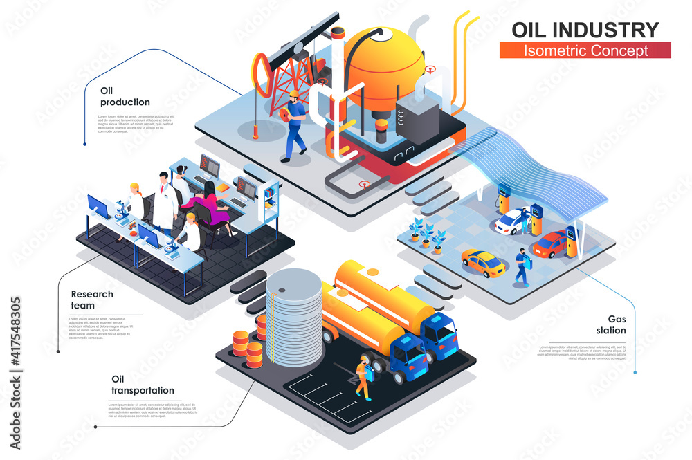 Oil industry isometric concept. Scenes of people characters working at ...