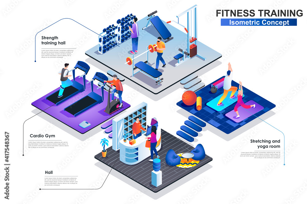 Fitness training at gym interior isometric concept. Scenes of sport ...