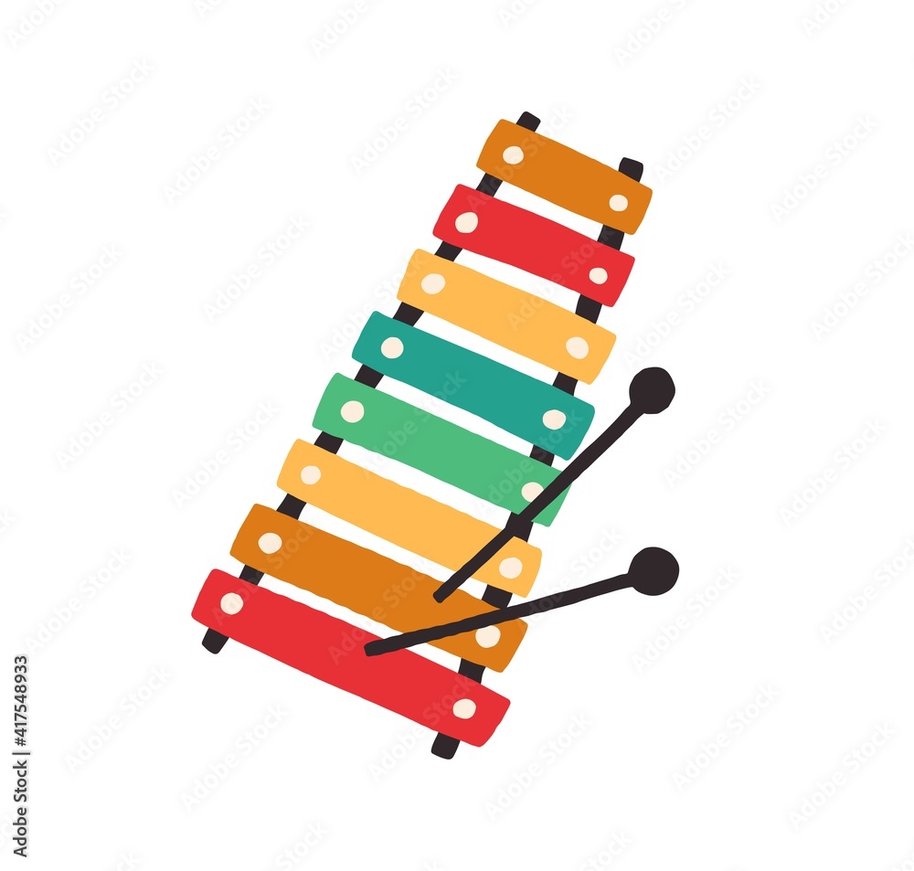 Top view of kids colorful xylophone with mallets. Toy music instrument ...