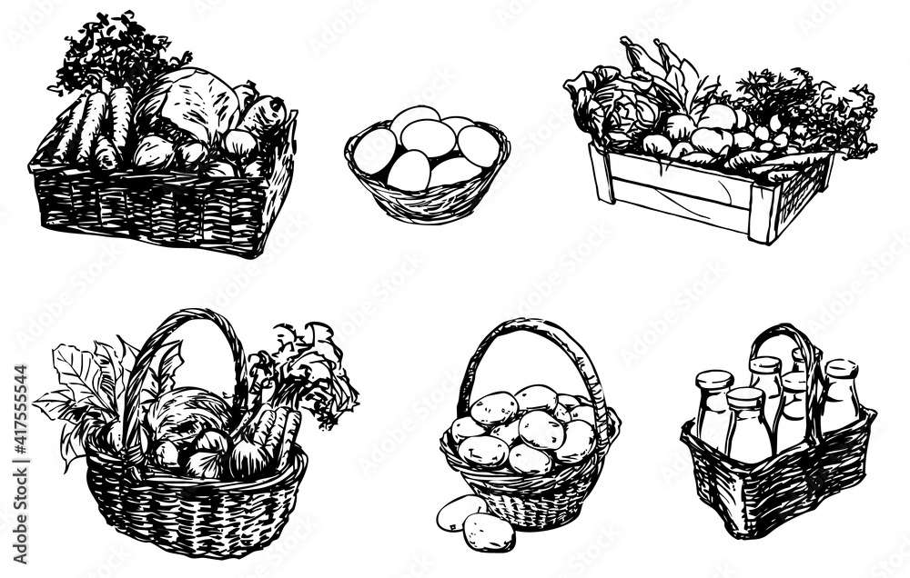 farm food in a basket - food, set of hand-drawn illustrations, vector ...