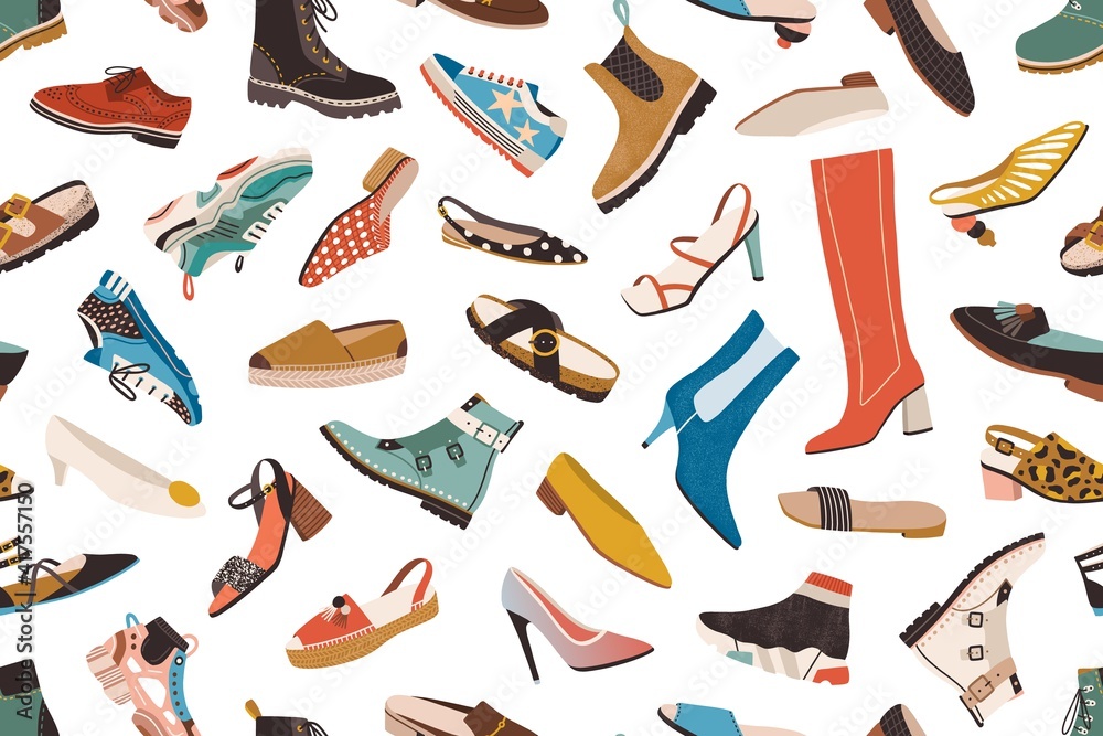 Seamless pattern with different types of modern trendy women shoes on ...