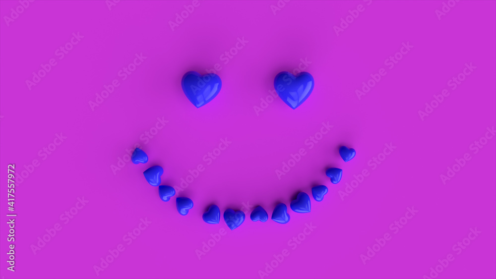 Falling blue hearts forming a smiling emoticon on a pink background. 3d ...