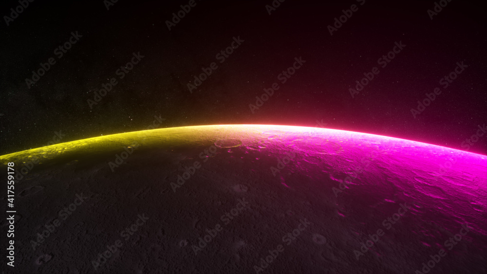 Fantastic neon sunrise on the moon from space. The rotation of the moon ...