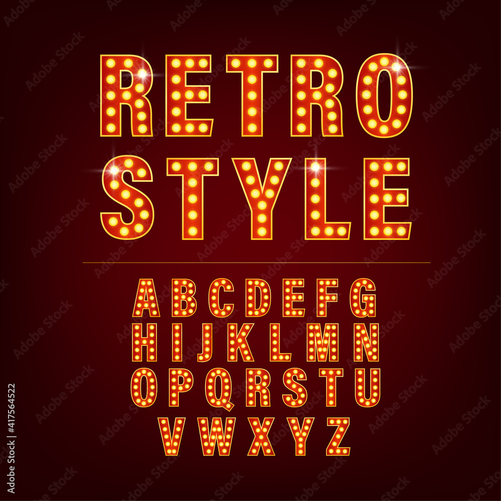 Retro alphabet with retro letter light on golden background. Number ...