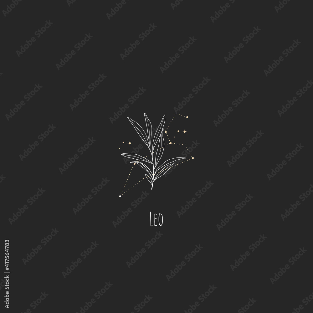 Hand drawing leo constellation symbol with floral branch and stars ...