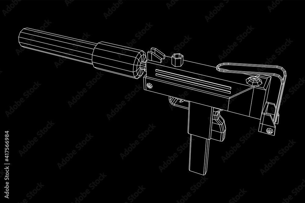 Submachine gun modern firearms pistol with silencer. Wireframe low poly ...