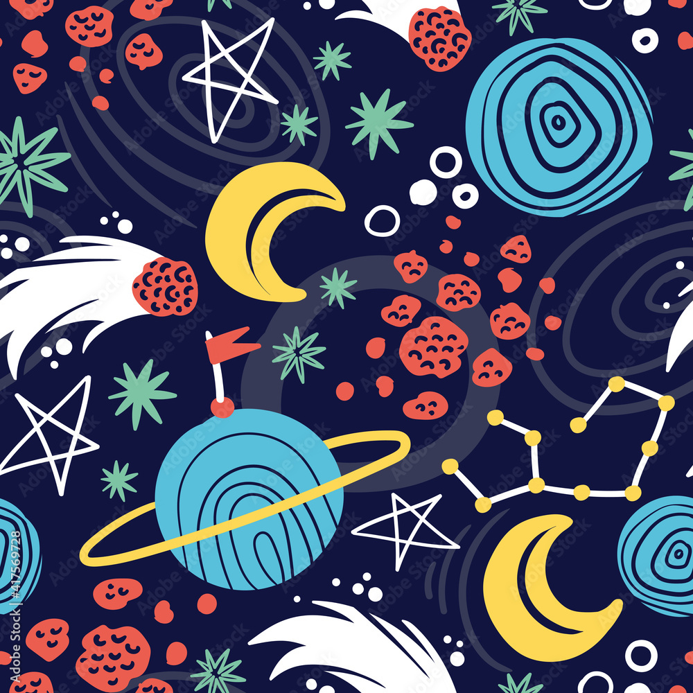Vector colorful seamless pattern on the theme of space. Cartoon ...