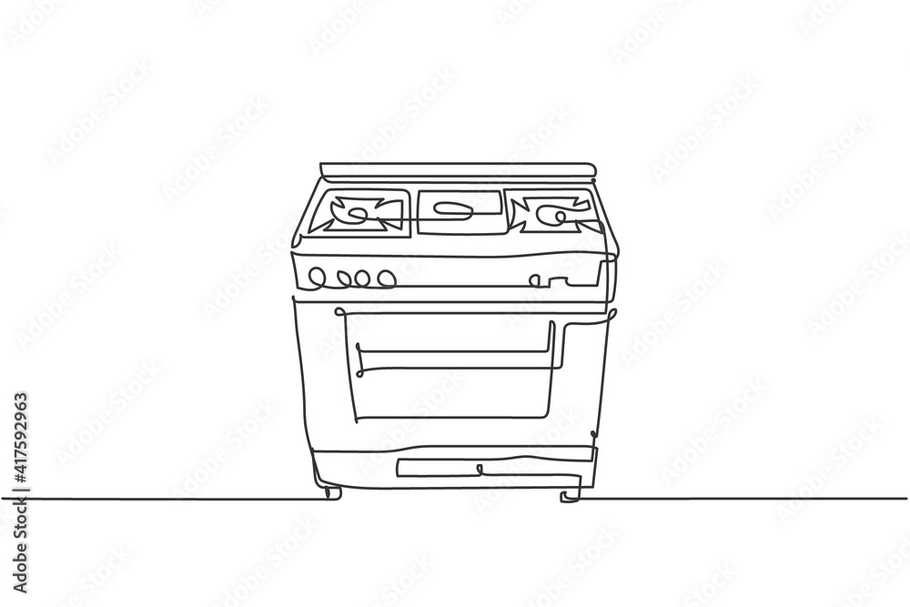 One single line drawing of gas stove with oven home appliance ...