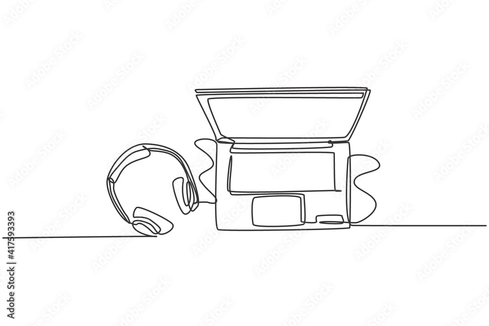 One continuous line drawing of laptop with headphone beside for ...