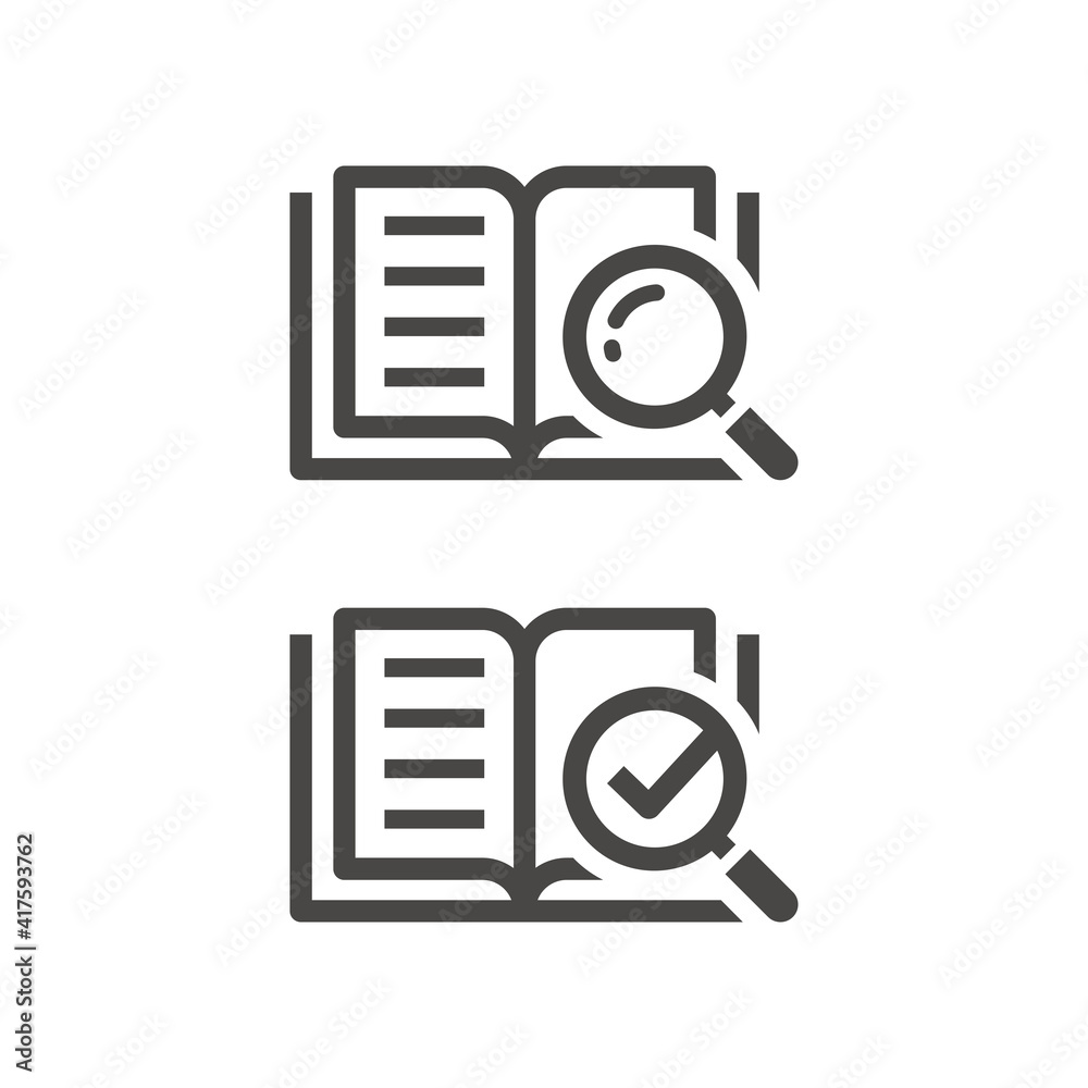 Open book with magnifier and checkmark icon. Manual, instruction and ...