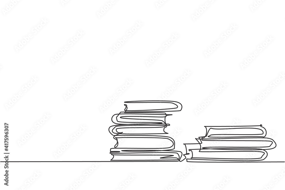 Books stack. Single continuous line pile of books on desk library ...