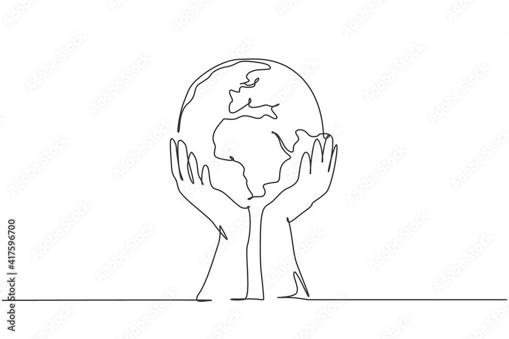 Single one line drawing of man holding global earth. Save nature icon ...