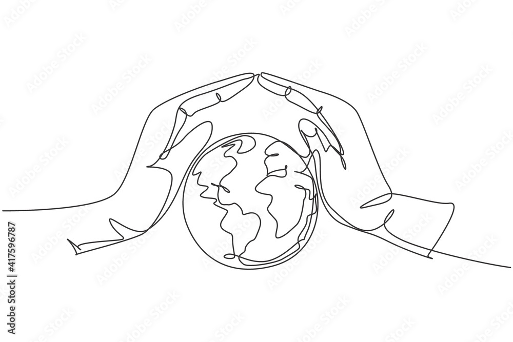 Single one line drawing of hand protect earth. Nature icon silhouette ...