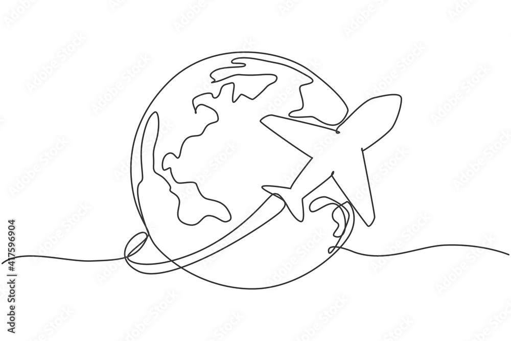 Single one line drawing of airplane fly through the sky. Globe icon ...
