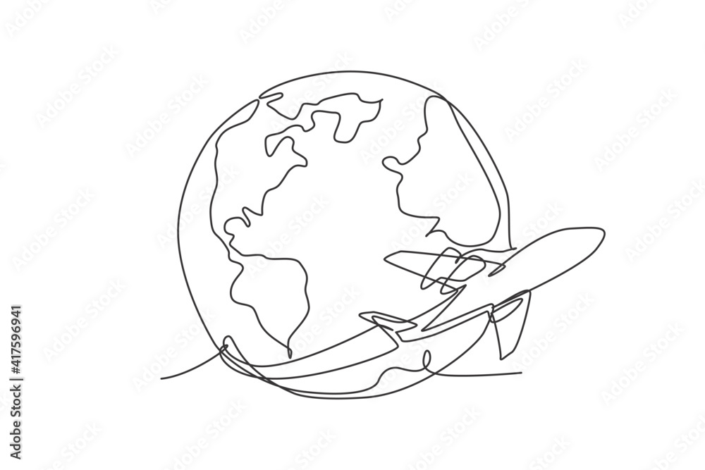 Airplane flying around the earth. Single continuous line world globe ...