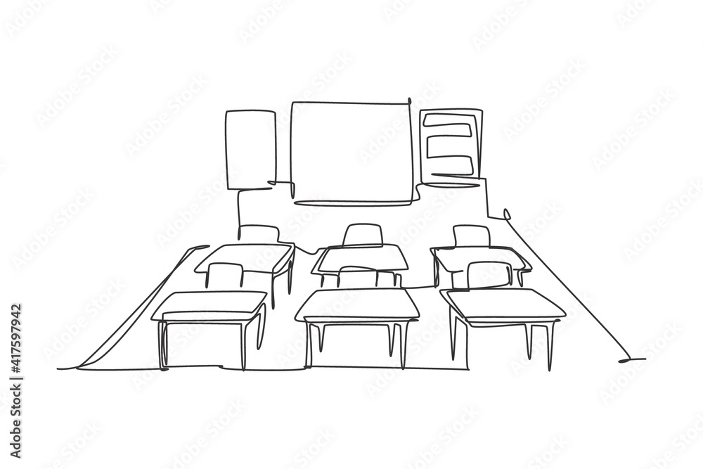 Continuous one line drawing of kindergarten school classroom interior ...