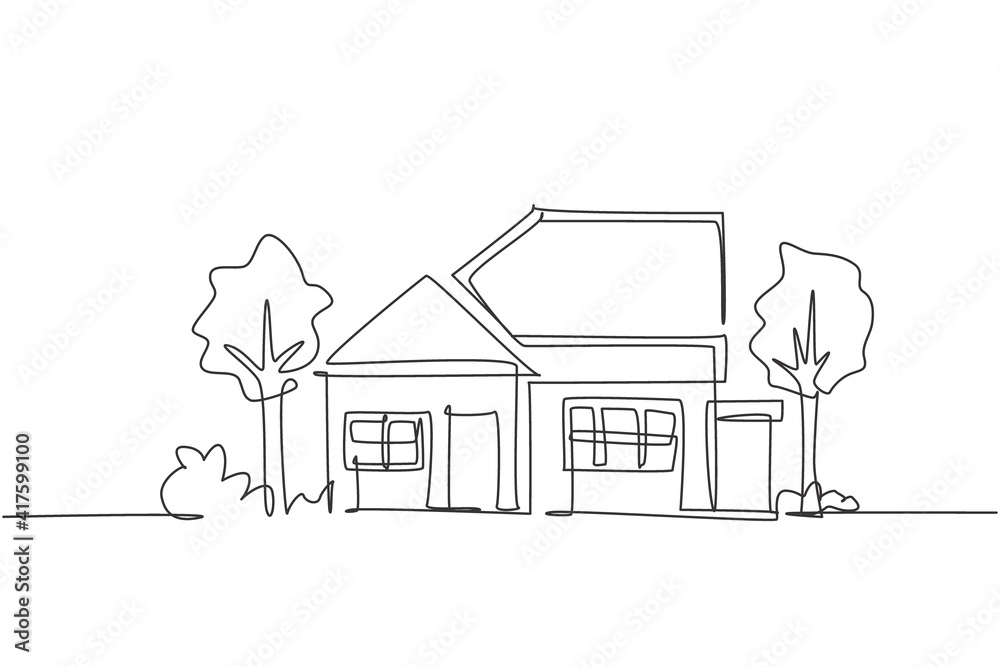Single continuous line drawing green eco modest house at village. Home ...