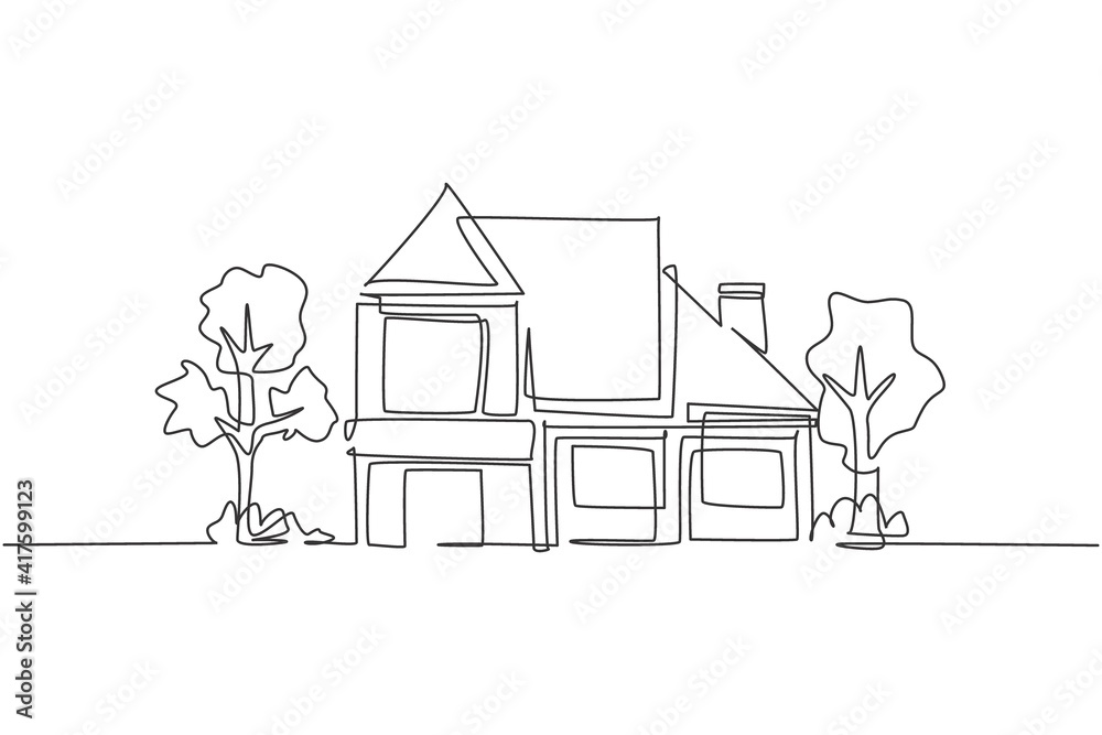 Single one line drawing of eco friendly house construction building ...