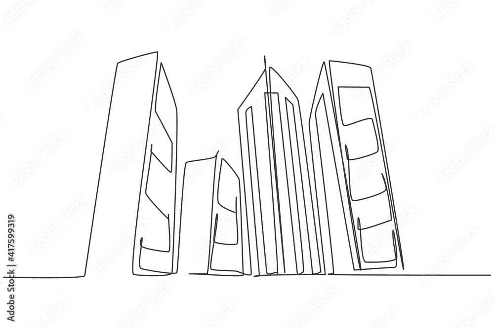 Continuous one line drawing of tall skyscraper buildings in big city ...