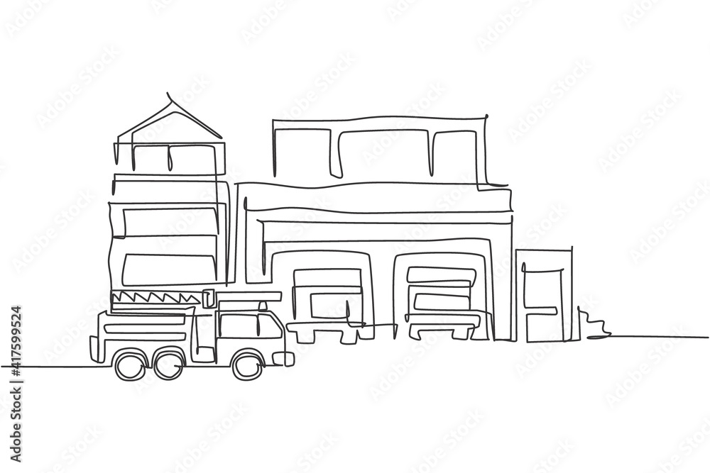 Single continuous line drawing of fire station building construction ...