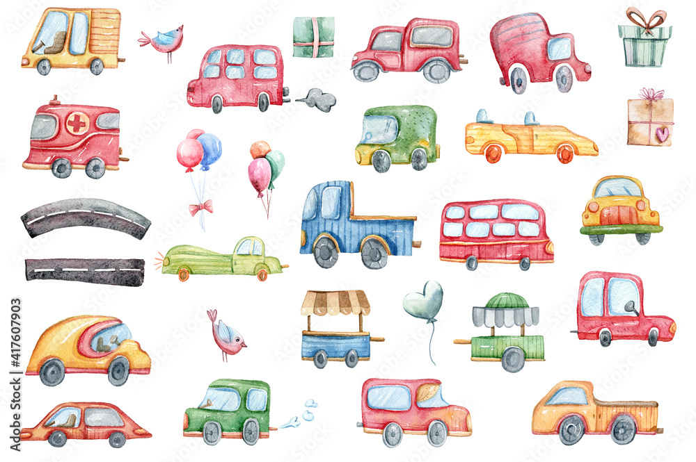 Watercolor hand painted colorful cars, road, trees, signs clipart ...