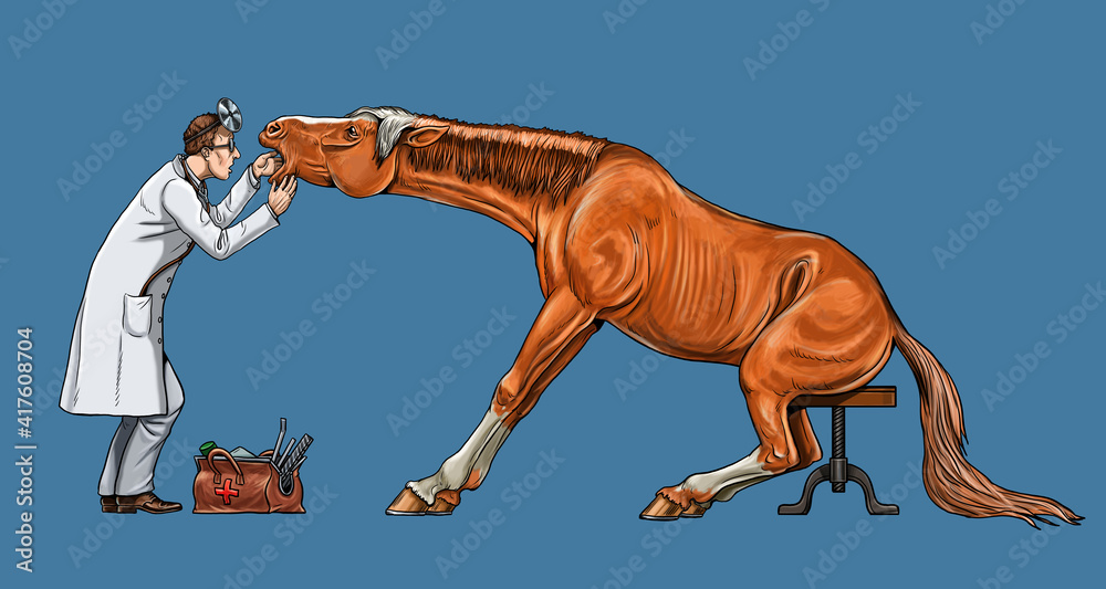 Veterinarian examines the horse. Dentist for the horse. Digital drawing ...