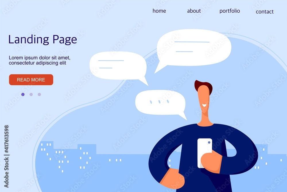 Cartoon style. Chatting man. Person holding a phone. Message bubbles ...