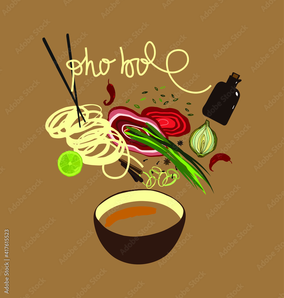 vector illustration pho bo bowl with ingredients. pan-asian cuisine ...