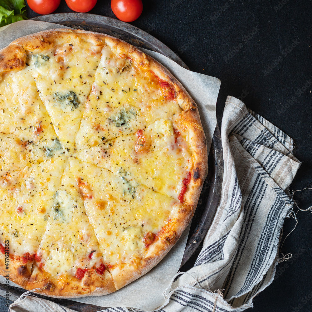 pizza cheesy 4 cheese assorted types fast food ingredient portion on ...