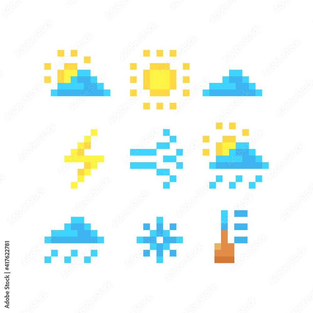 colorful simple flat pixel art illustration of set of cartoon icons of ...