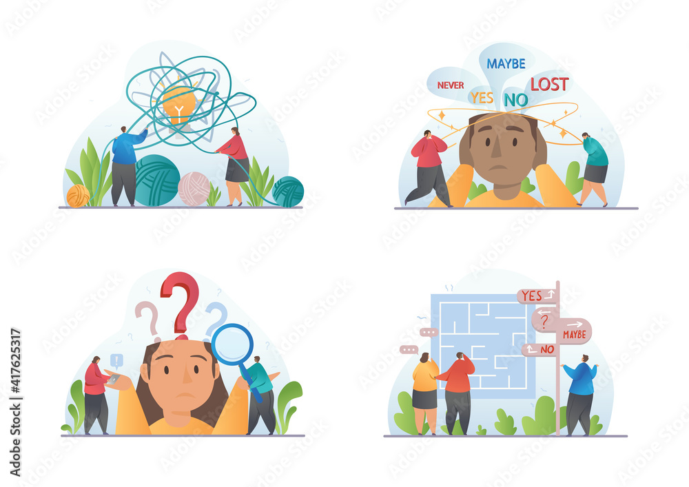 Four concept designs of people showing confusion untangling knotted ...