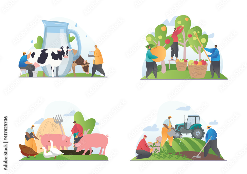 Set of four scenes showing different farming activities with milk from ...