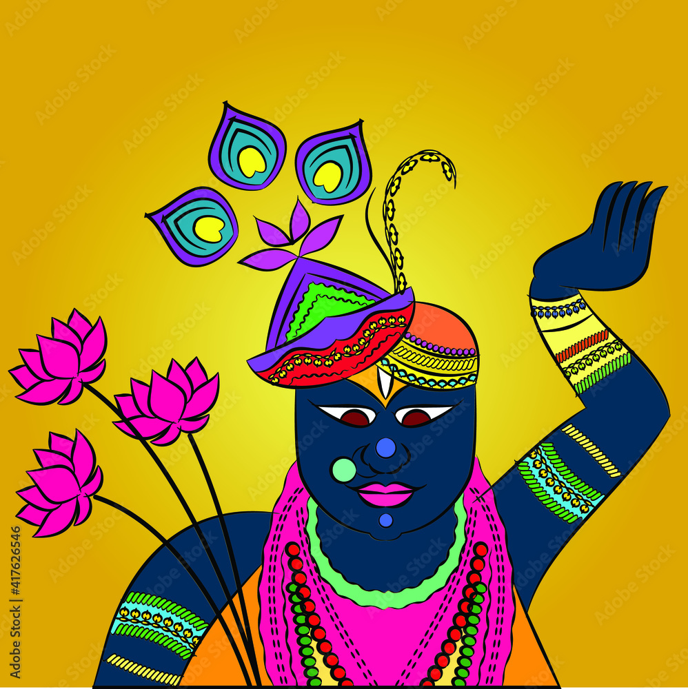 Shrinathji or Lord Krishna with cows, painting Stock Vector | Adobe Stock