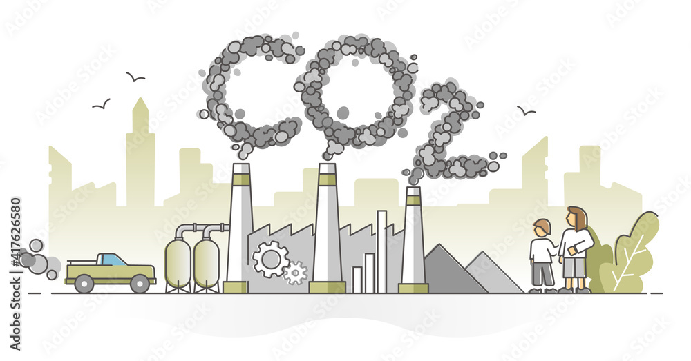 CO2 emissions as carbon dioxide pollution from exhaust gases outline ...