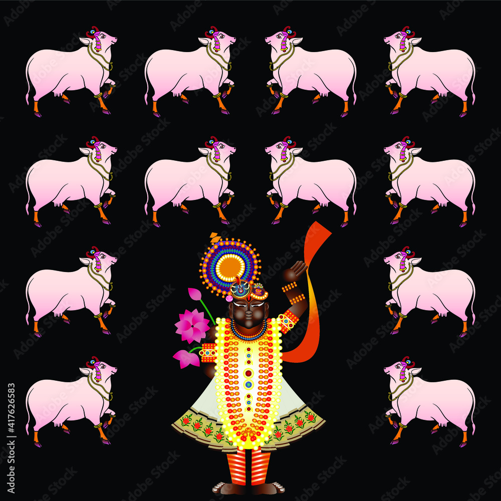 Shrinathji or Lord Krishna with cows, painting Stock Vector | Adobe Stock