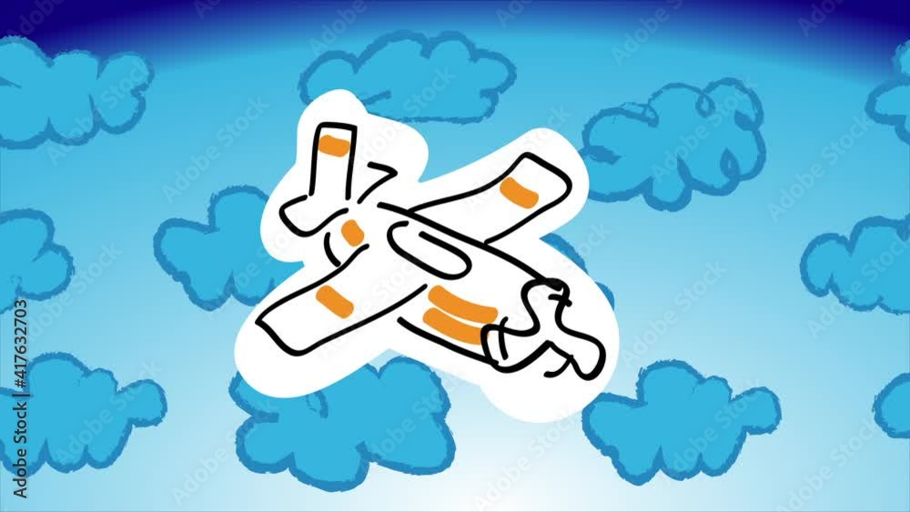 Cartoon small plane flies in blue sky among the blue clouds. White ...