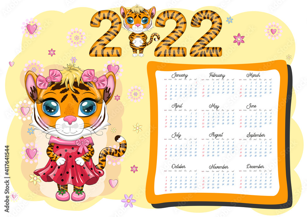 Cute Tiger Wall Calendar Template for 2022, Year of the Tiger, Chinese ...