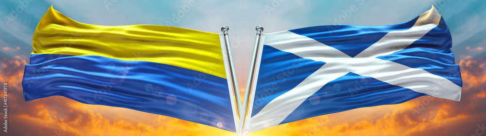Ukraine Flag and Scotland Flag waving with texture Blue sky could and ...