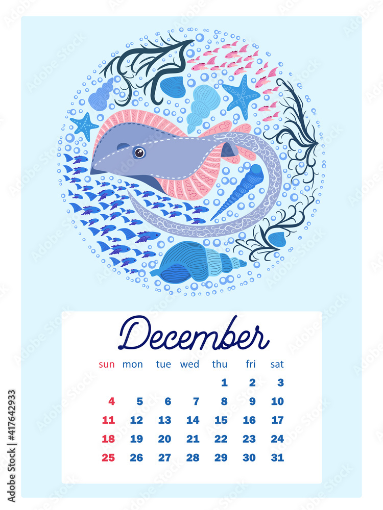 Marine life. calendar design template for 2022, A4 format. Week starts ...