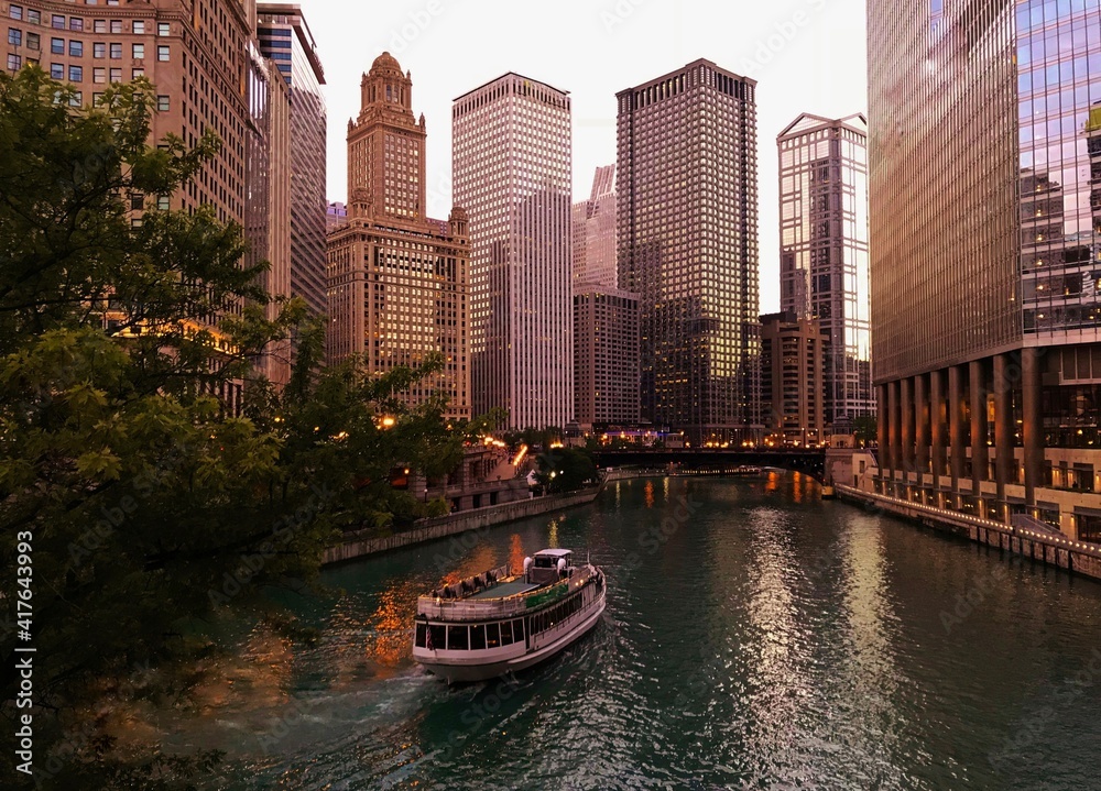 Chicago Famous Skyline/Skyscrapers at Dusk/Dawn as Seen From a River ...