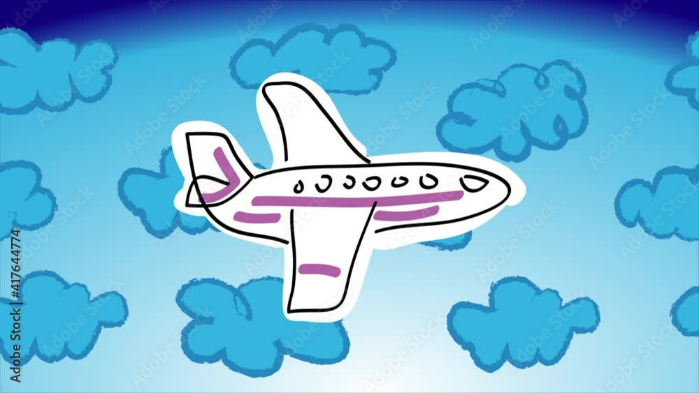 Cartoon large airplane flies in sky among the clouds. White passenger ...
