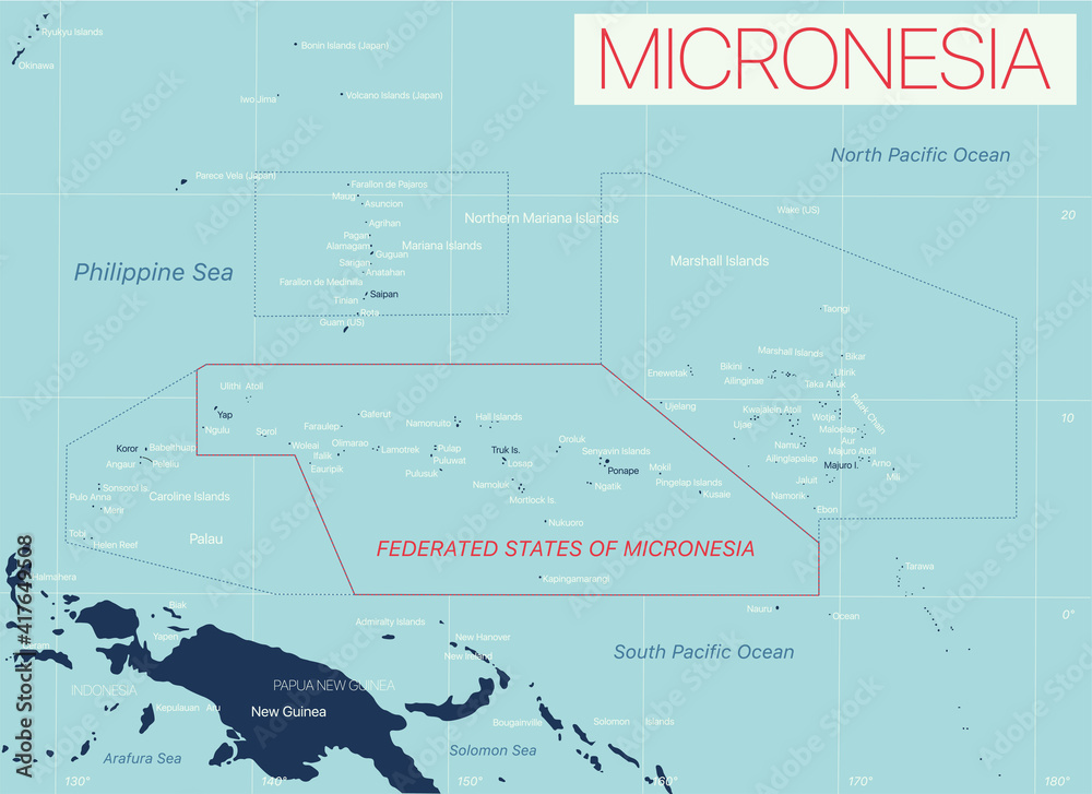 Micronesia detailed editable map with cities and towns, geographic ...