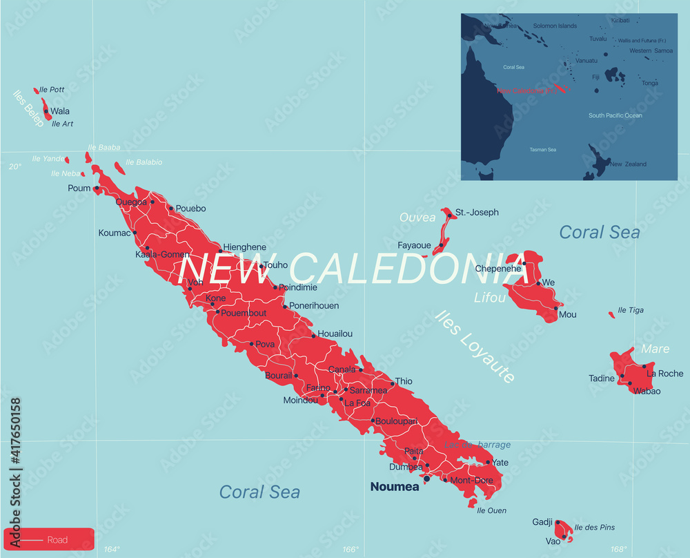 New Caledonia detailed editable map with cities and towns, geographic ...